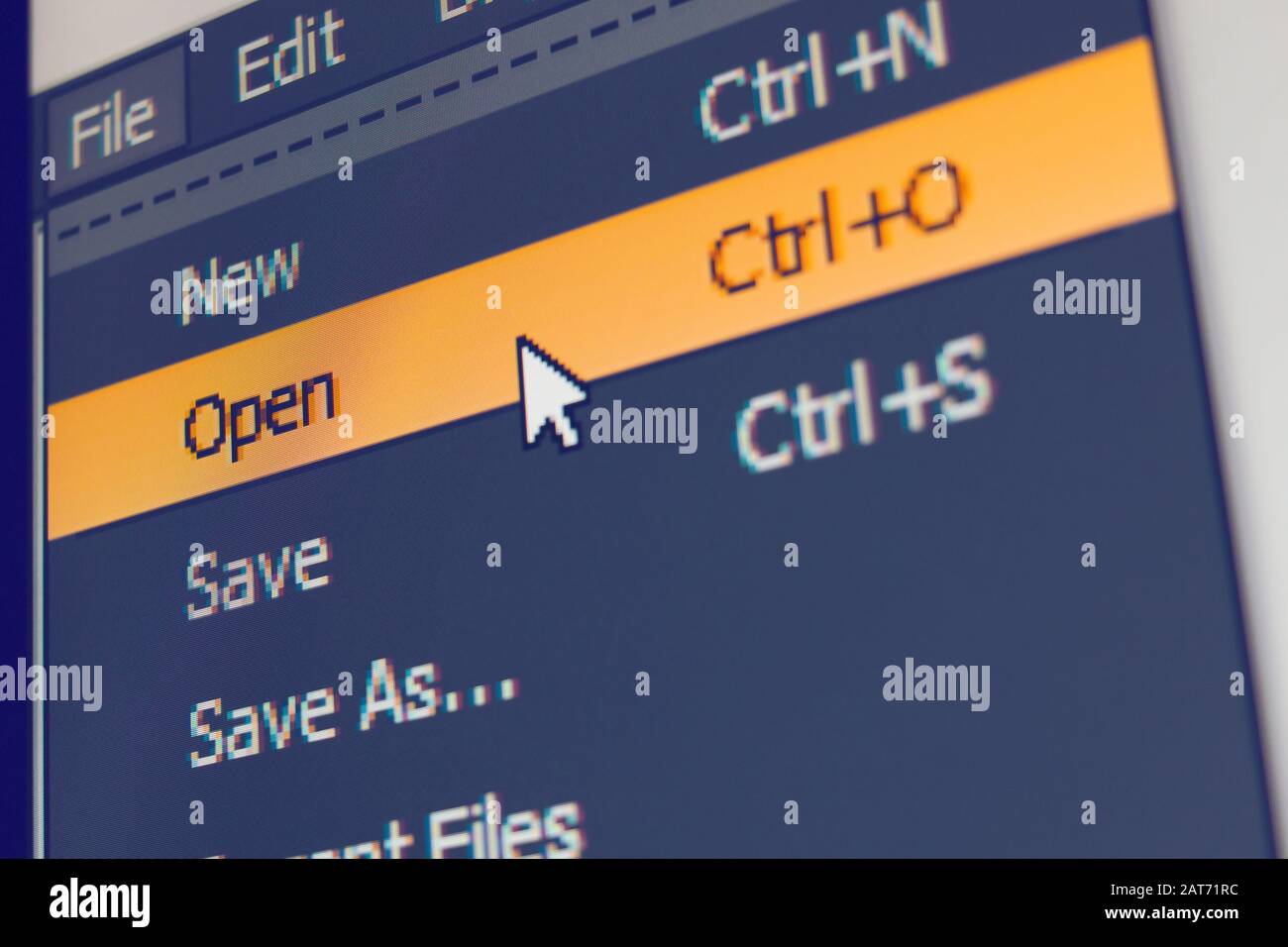 Software menu item with open command highlighted and mouse cursor ...