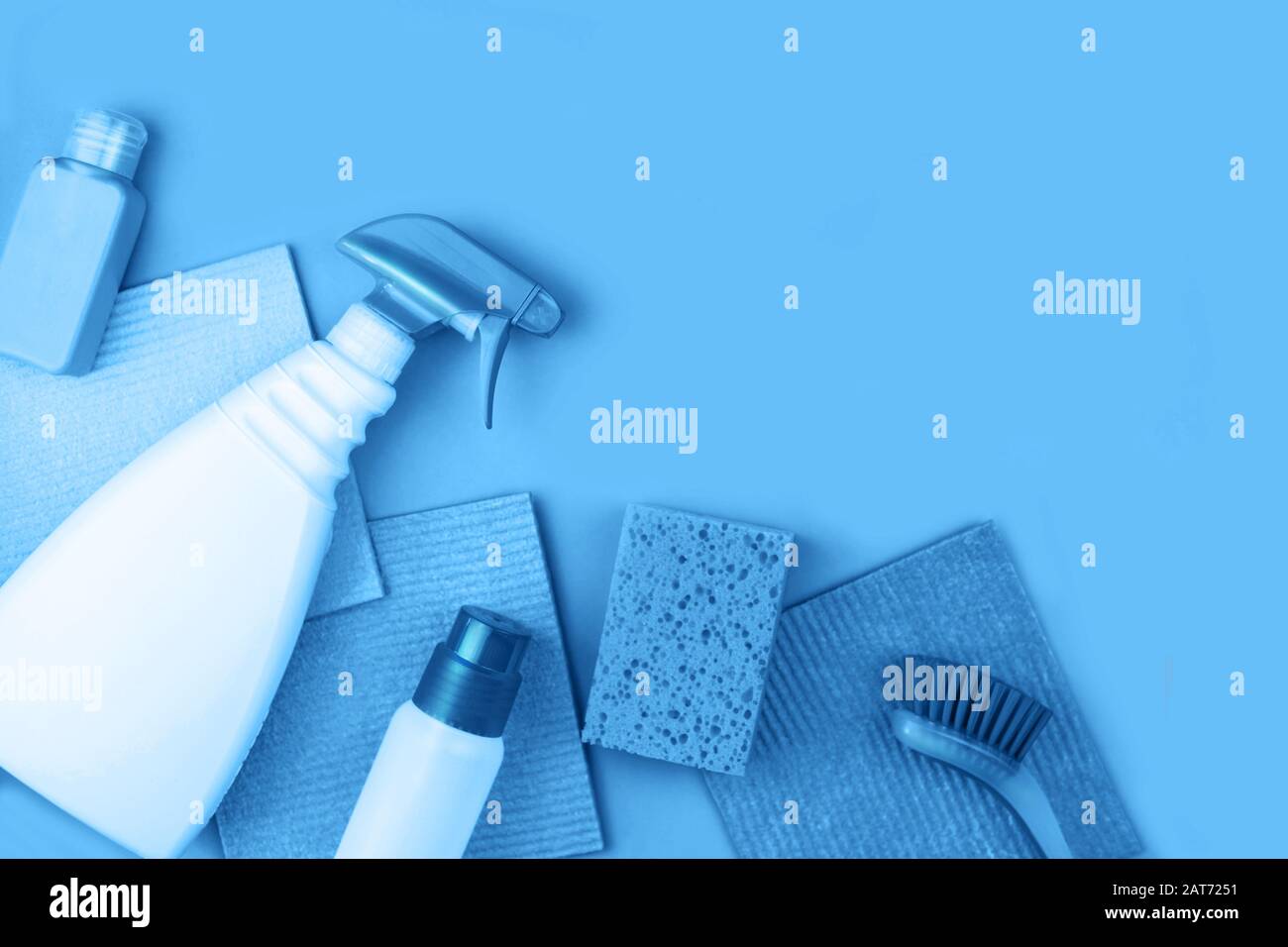 House cleaning products are on blue background. Cleaning concept Stock ...