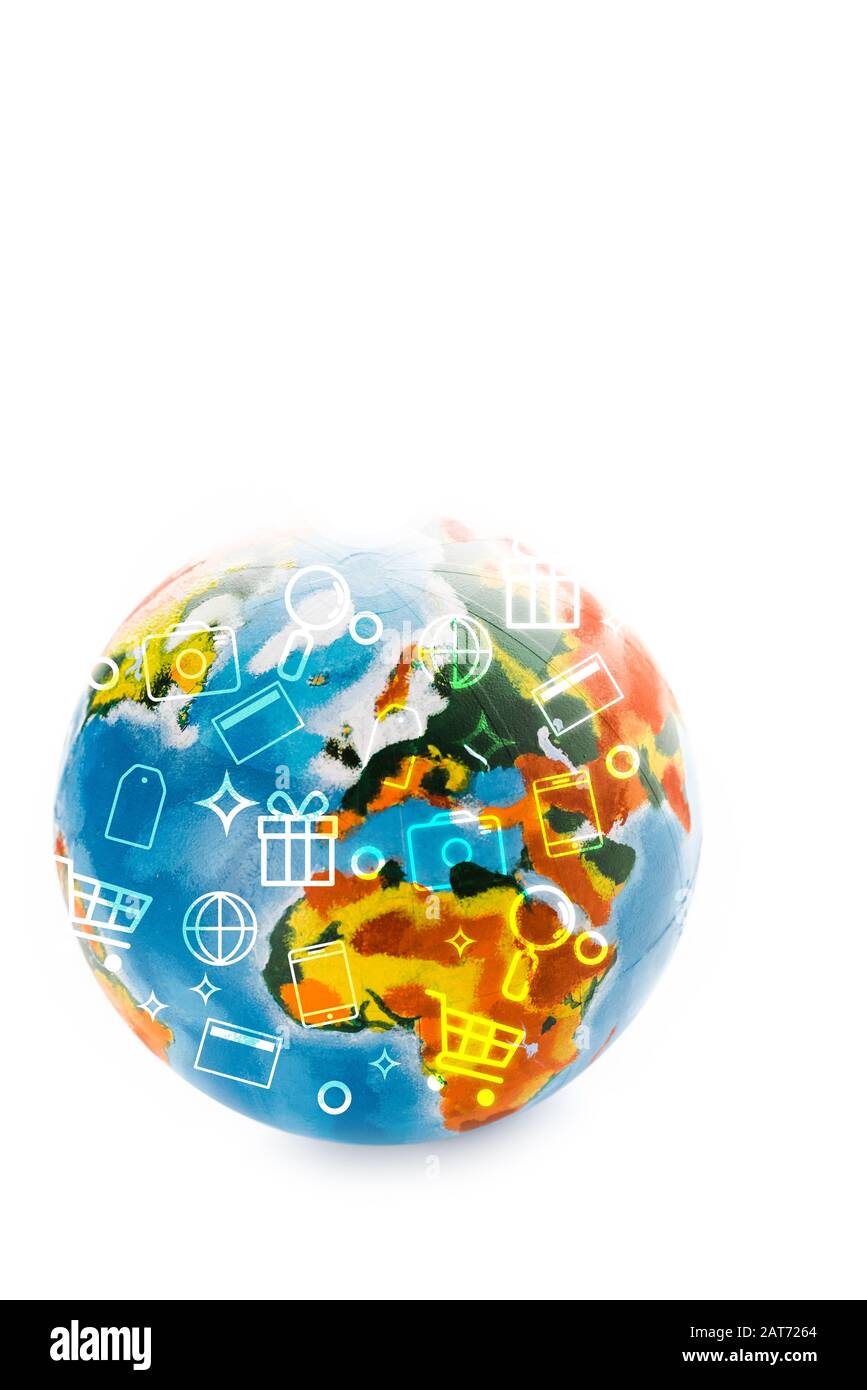 multicolored globe with illustration isolated on white with copy space ...