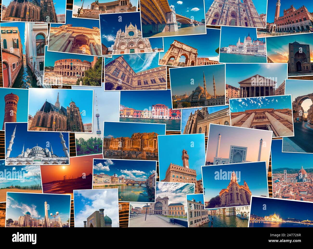 Photo collage on wooden surface made of diverse world travel ...