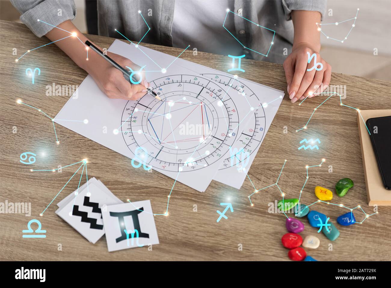 Cropped view of woman drawing natal chart by zodiac signs and ...