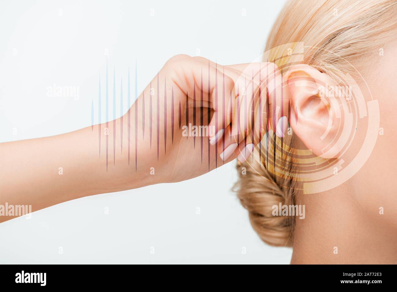 cropped view of blonde girl touching ear with digital illustration ...