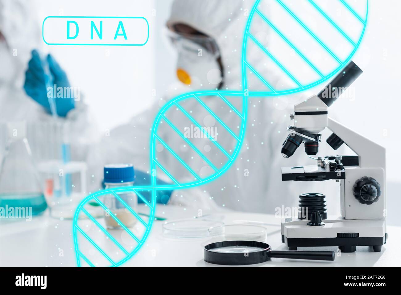 selective focus of microscope and magnifying glass with dna ...