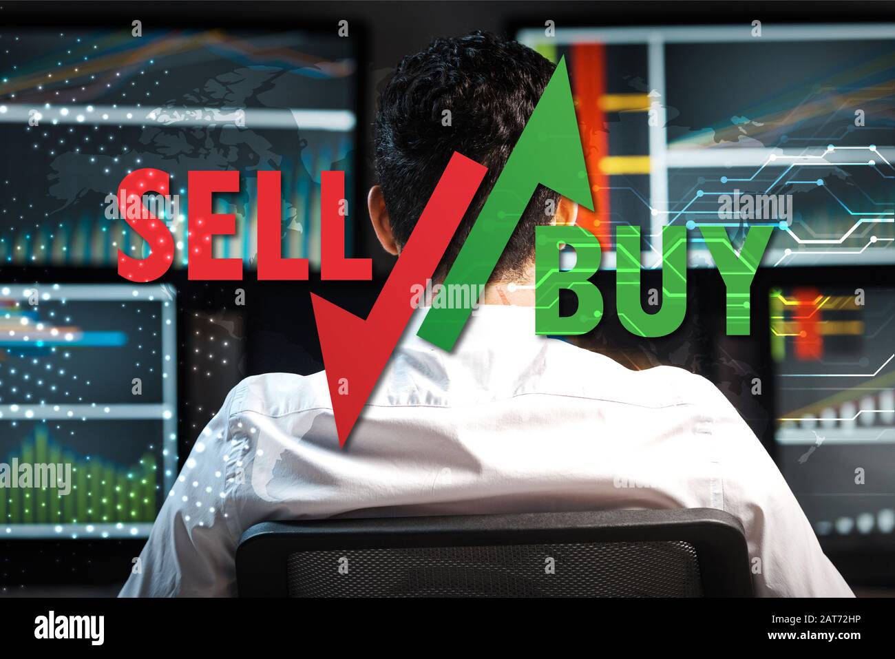 back view of trader near computers with graphs and sell, buy letters ...