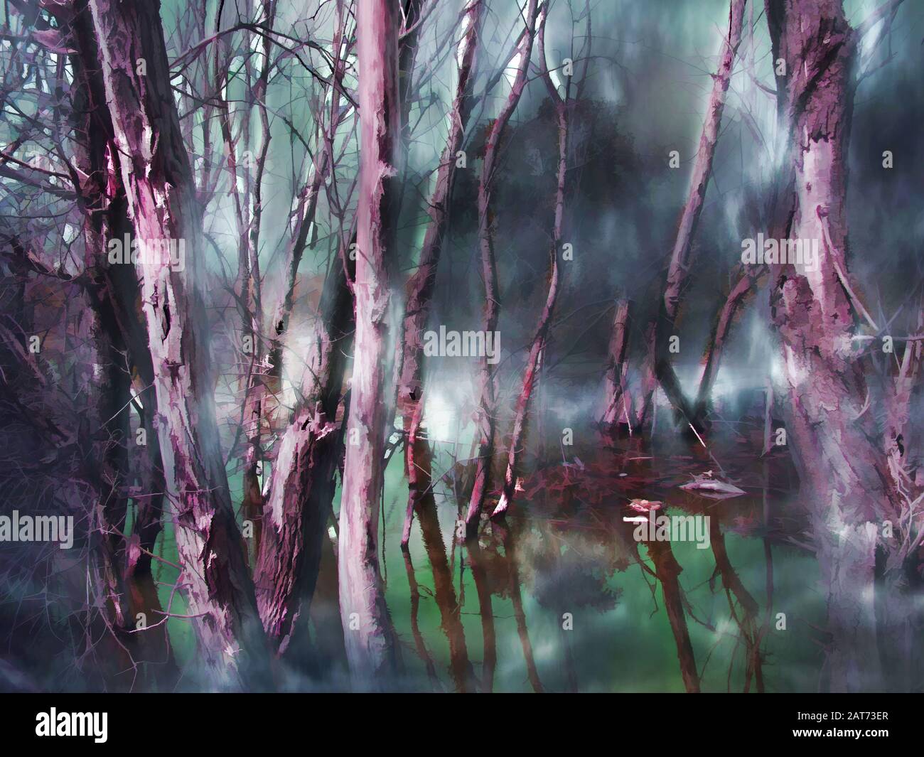 Digital illustration art. Mysterious, Dark and abandoned lake Stock ...