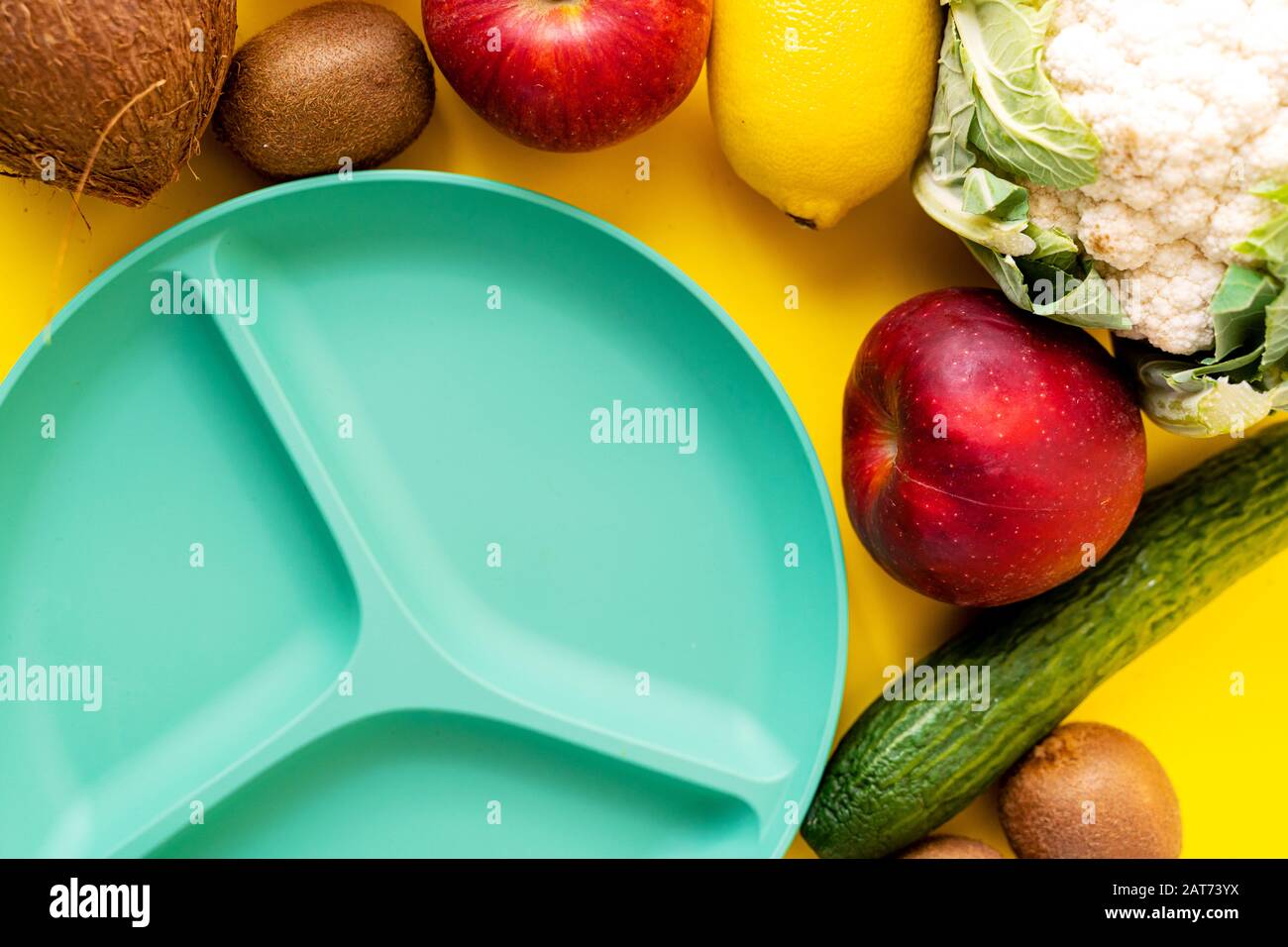 Bright baby mint plate with dividers on yellow background. Empty plate ...