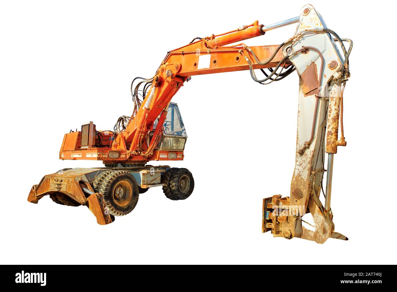 Side view of long arm of excavator of a mine, isolated on white ...