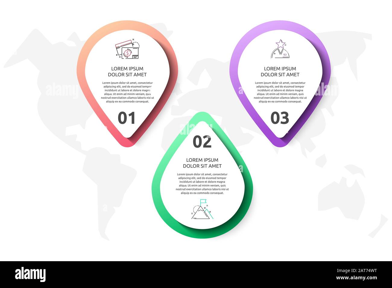 Vector infographic with 3 pins and circles. Used for three diagrams ...