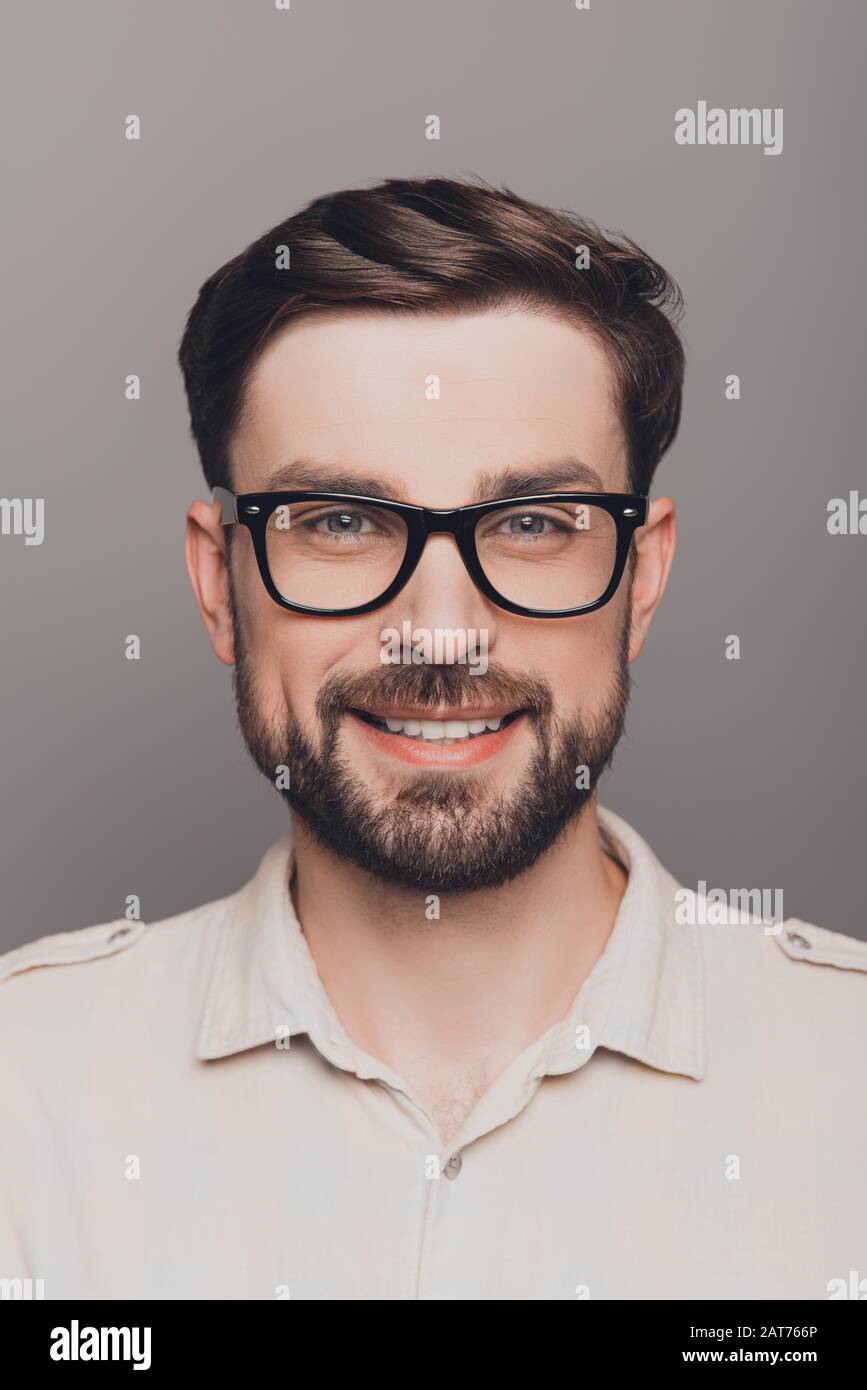 Portrait of happy smiling brainy young guy in spectacles Stock Photo ...
