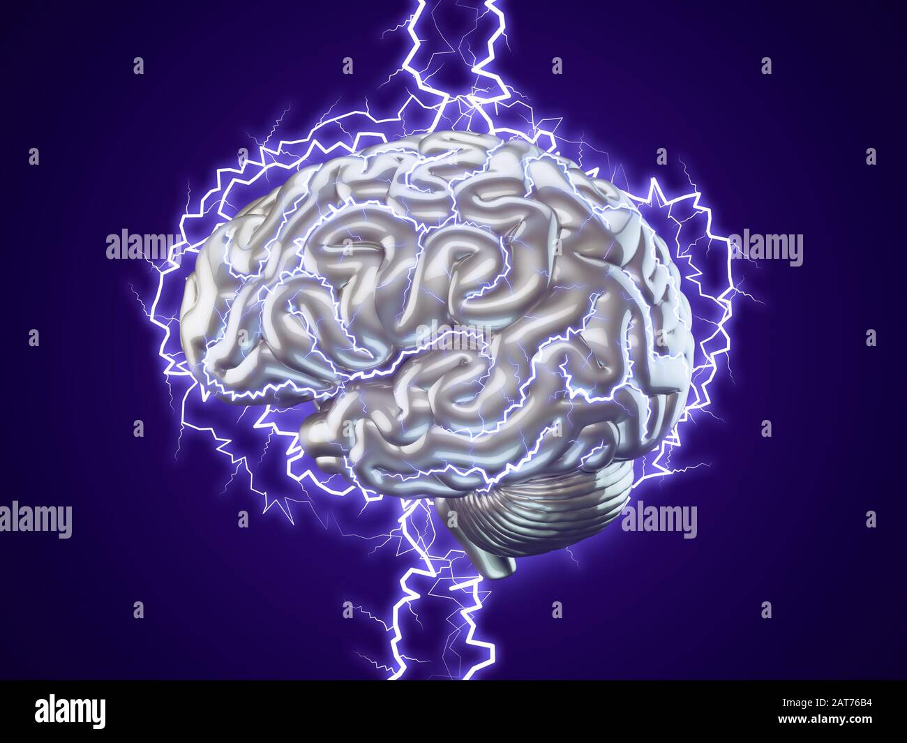 3d Illustration of human brain made of metal with lightnings isolated ...
