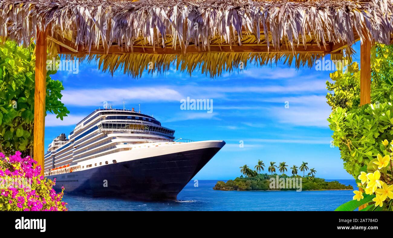 Happy cruise concept. Abstract cruise ship, small island and tropical ...