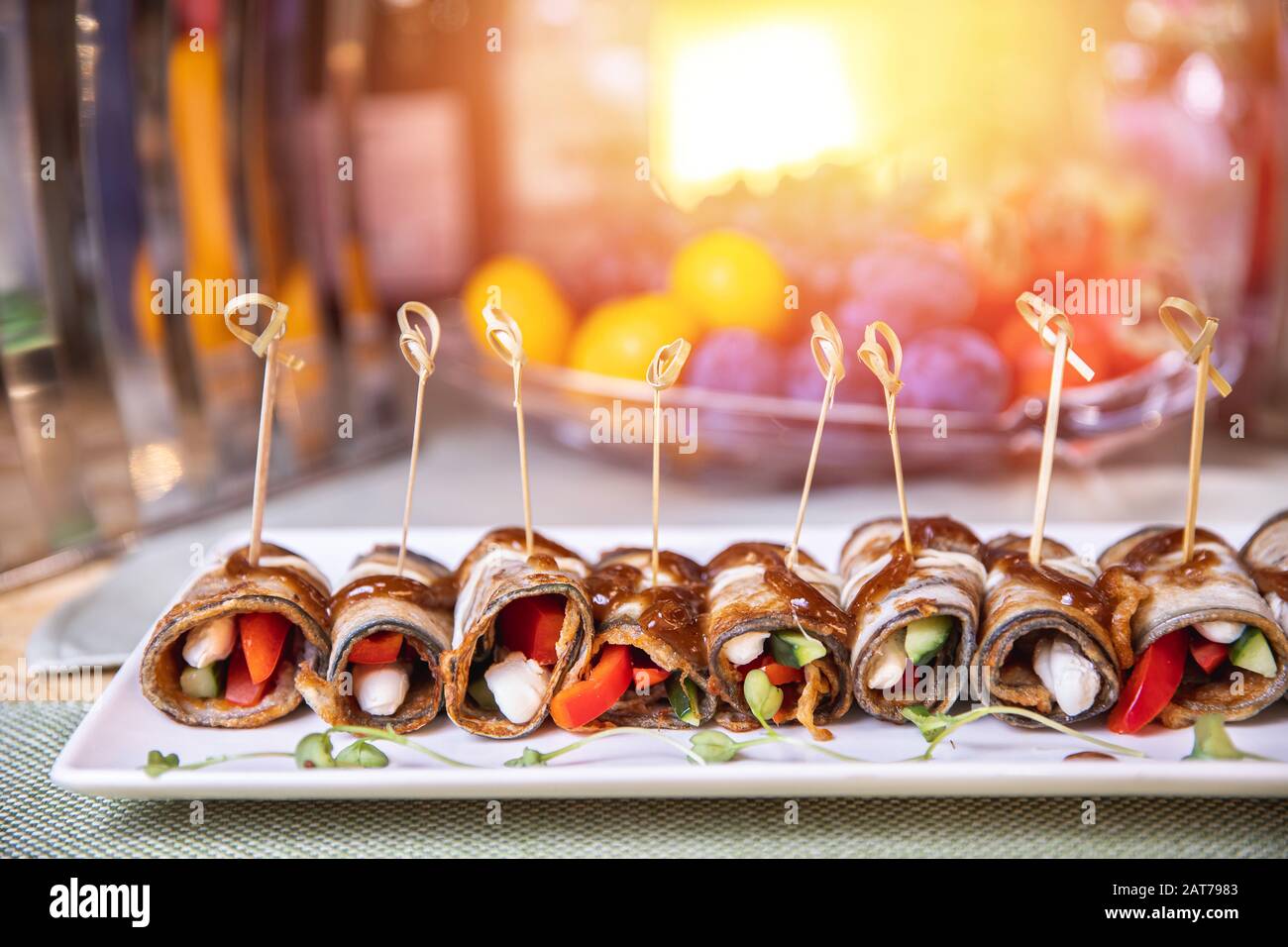 Catering service. Restaurant food canapes table with snack delicious ...