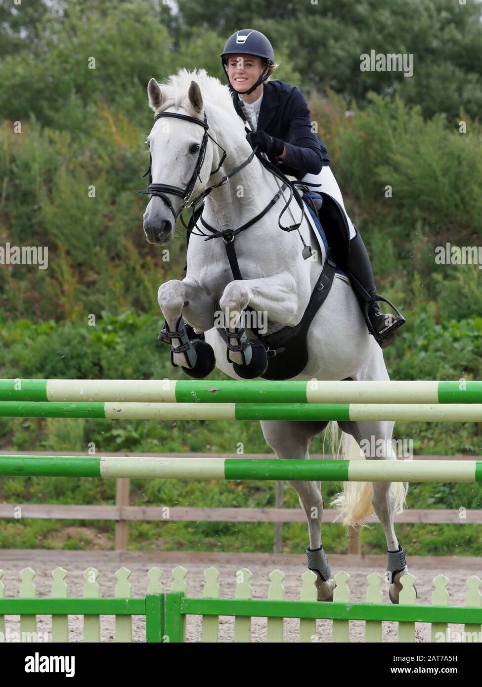 A grey horse and rider jump a coloured show jump Stock Photo - Alamy