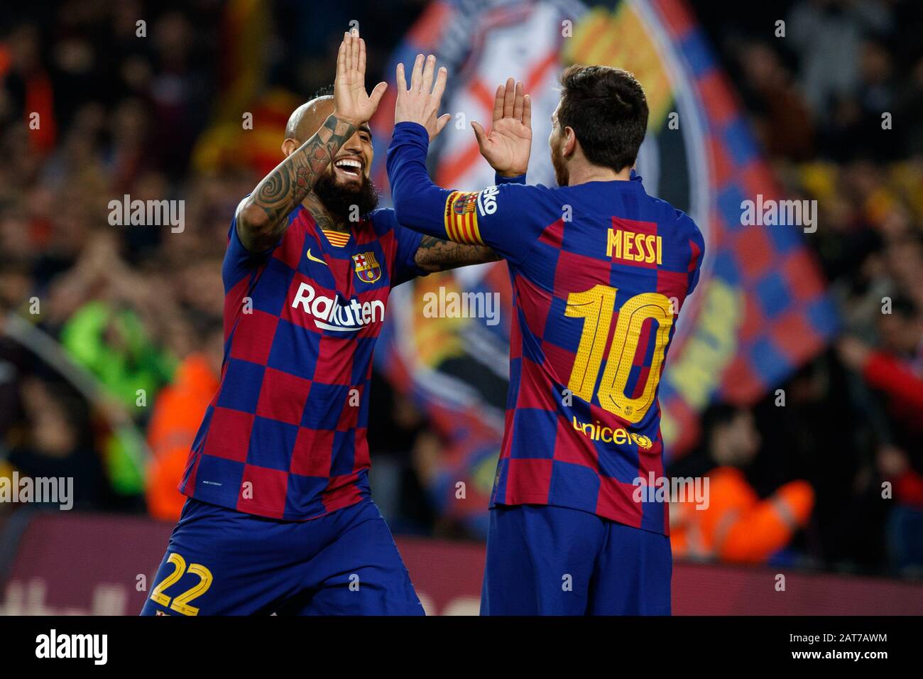 BARCELONA, SPAIN - JANUARY 30:.Leo Messi and Arturo Vidal of FC ...
