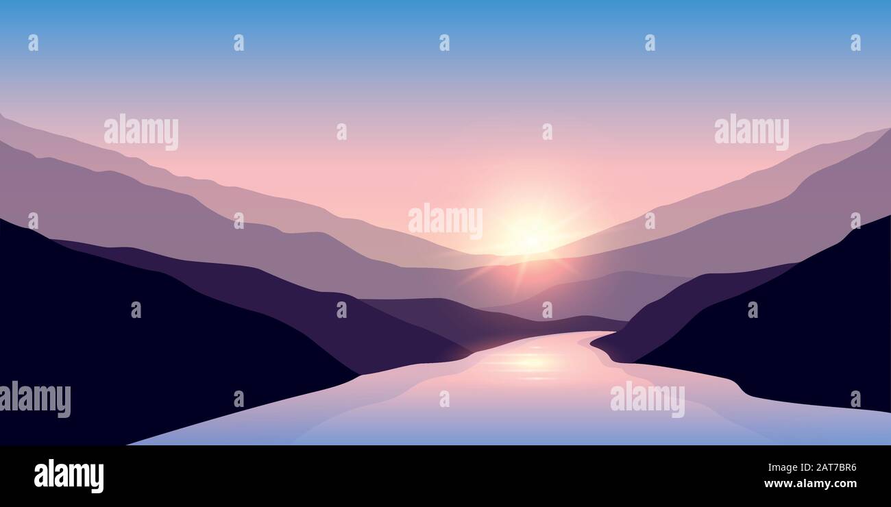 big river nature landscape outdoor adventure at sunrise vector ...