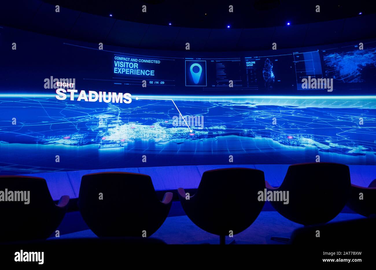 Doha, Katar. 30th Sep, 2019. The stadium on a screen, promotional video ...