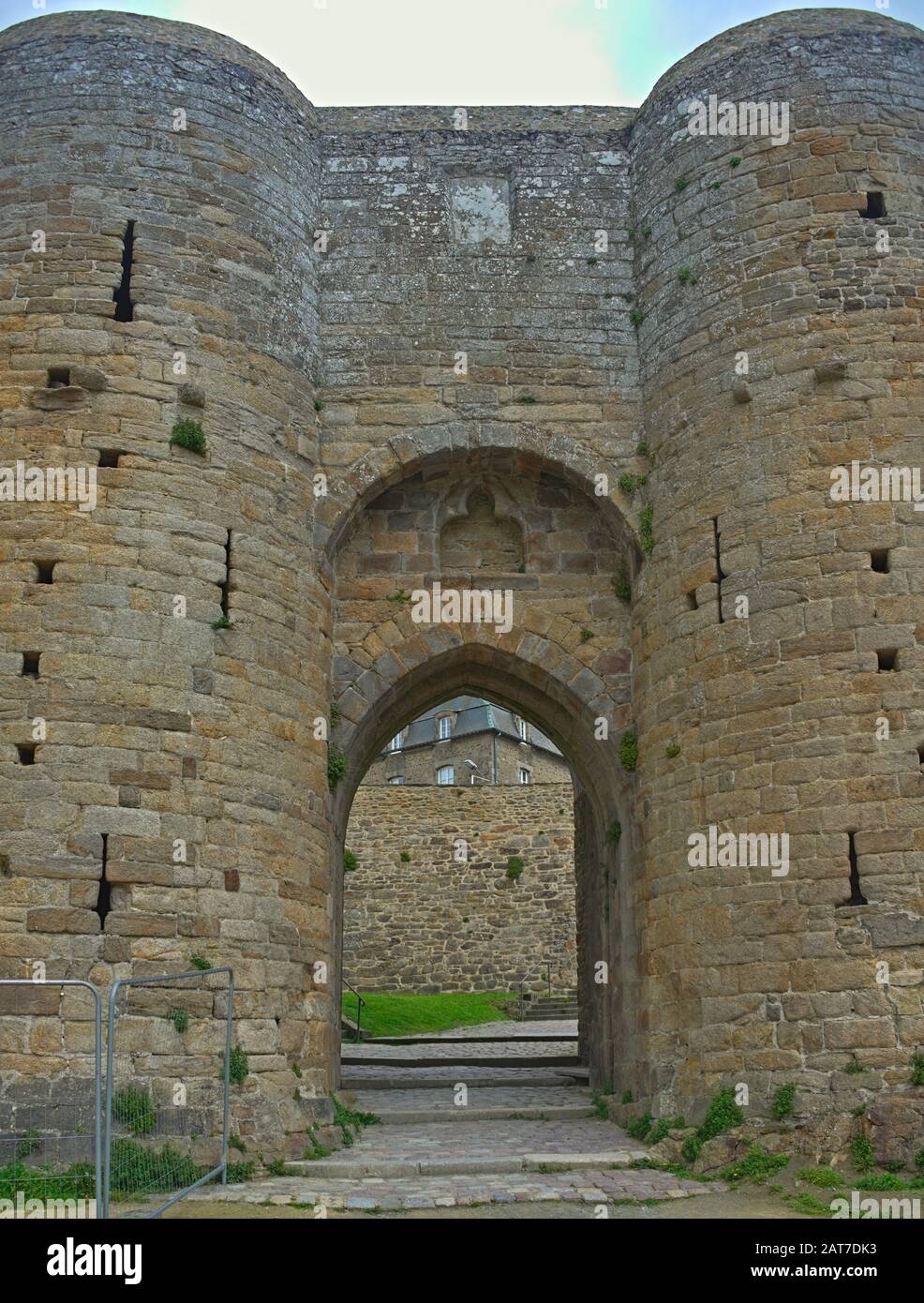 Big stone round towers and gate at Dinan fortress, France Stock Photo ...