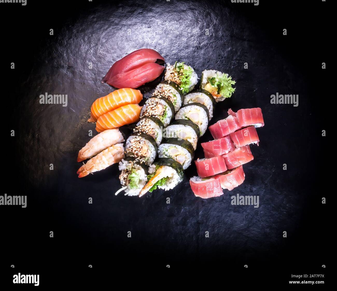 Big set of different sushi close-up on a dark vintage background Stock ...