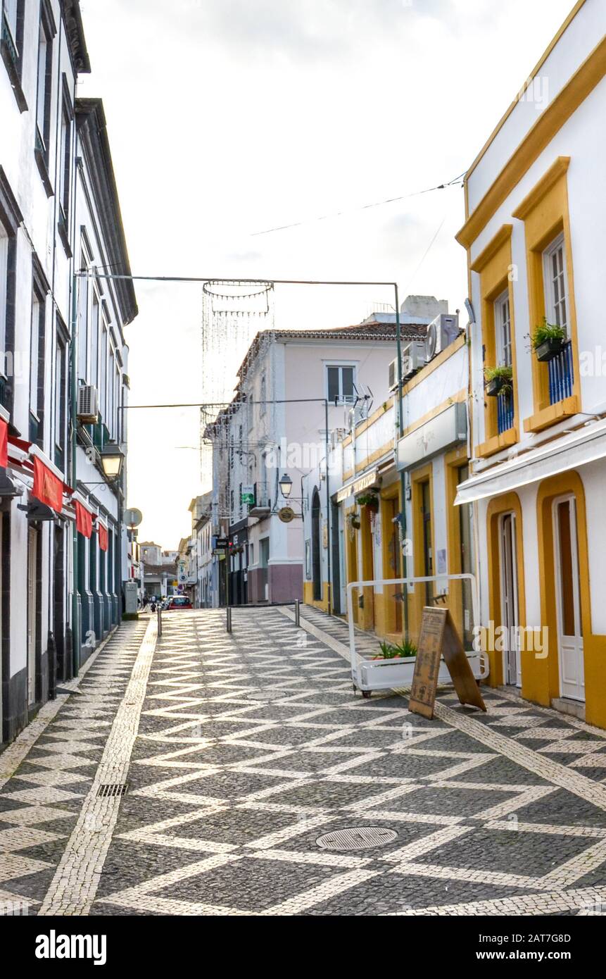 Ponta Delgada, Azores, Portugal - Jan 12, 2020: Empty street with bars ...