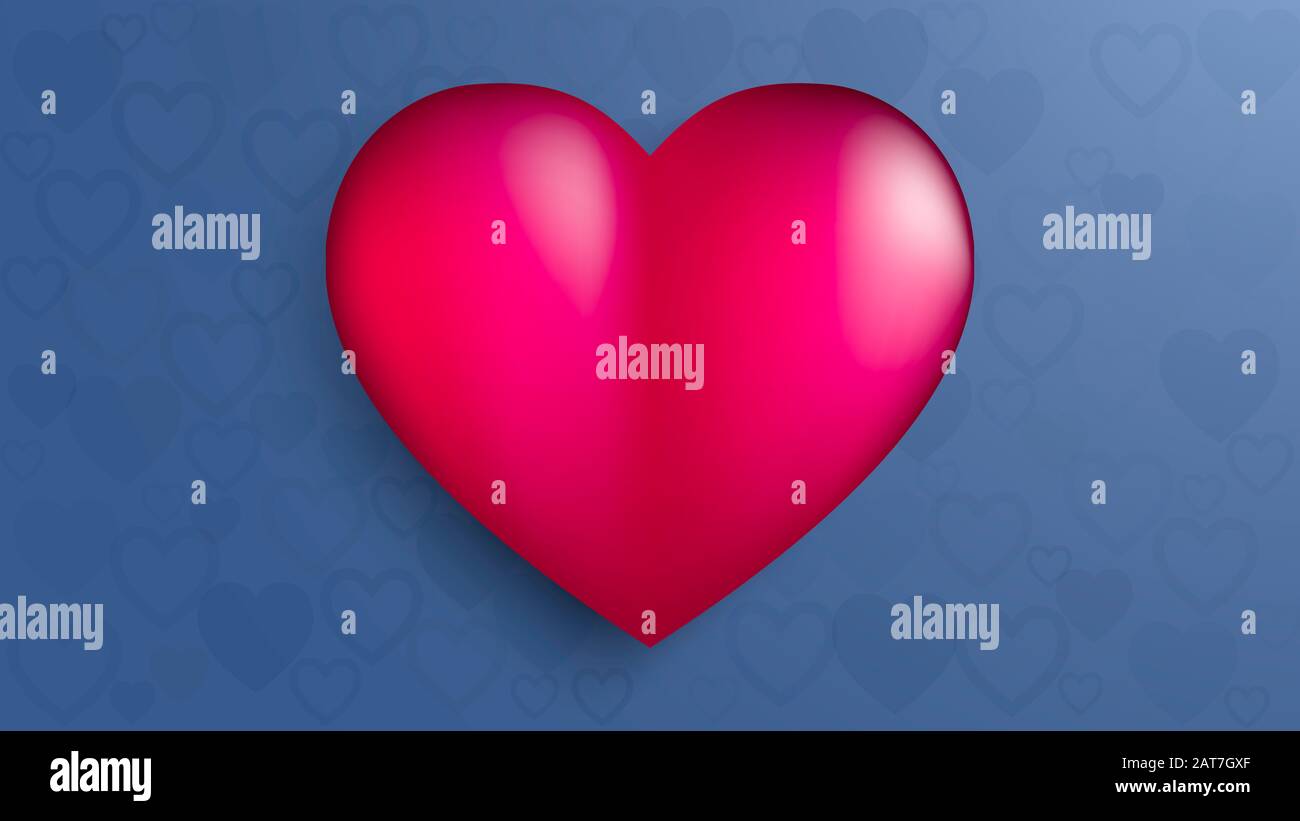 3D red valentine heart raster illustration with volume in blue ...