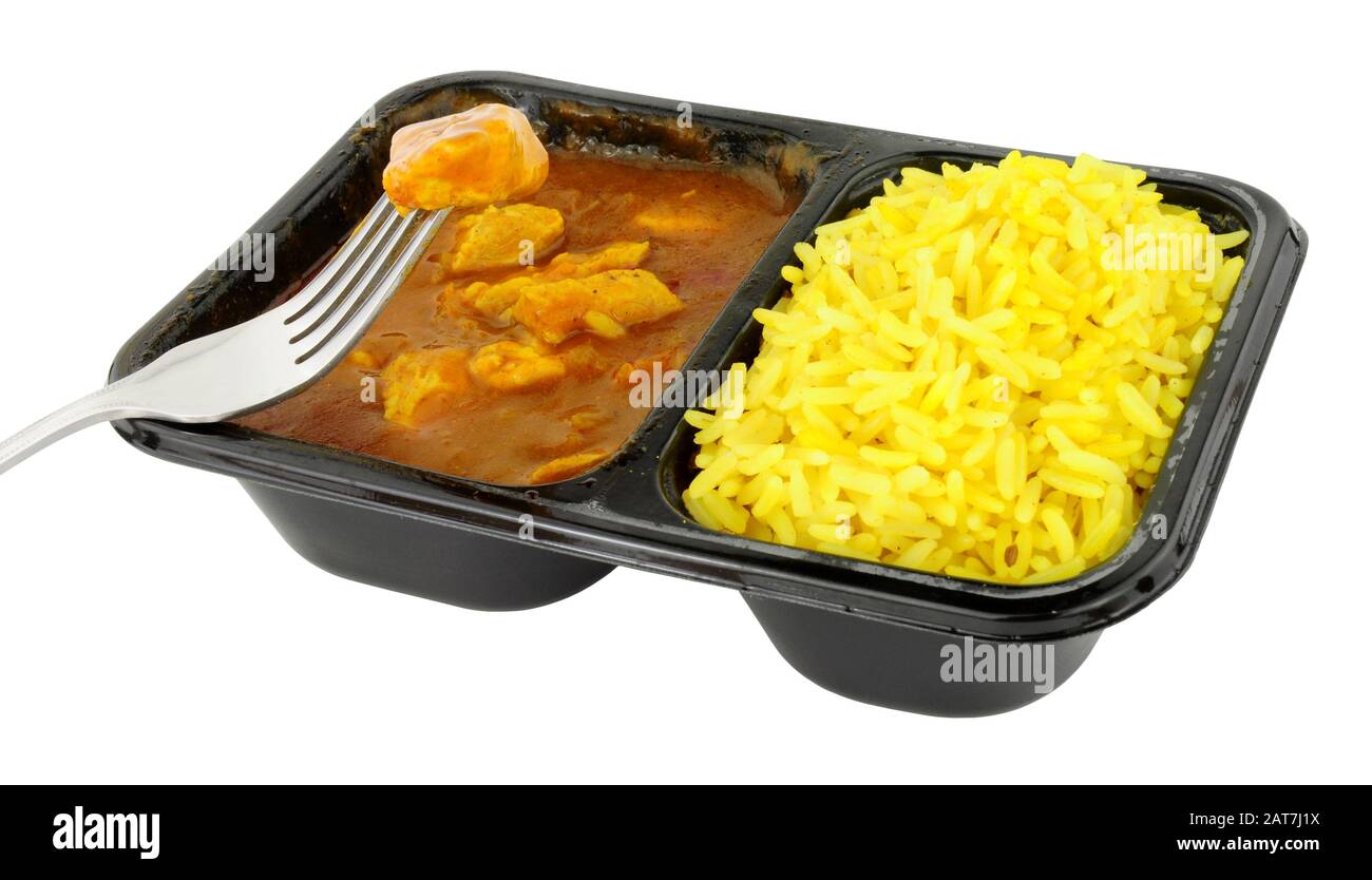 Chicken curry and rice microwave convenience meal isolated on a white ...