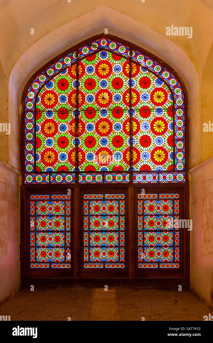 Colourful stained glass window in Dolat Abad Garden Pavilion, Yazd ...