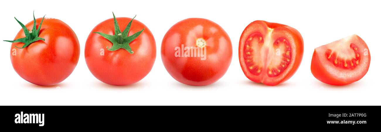 Set red tomatoes isolated on white background with clipping path Stock ...