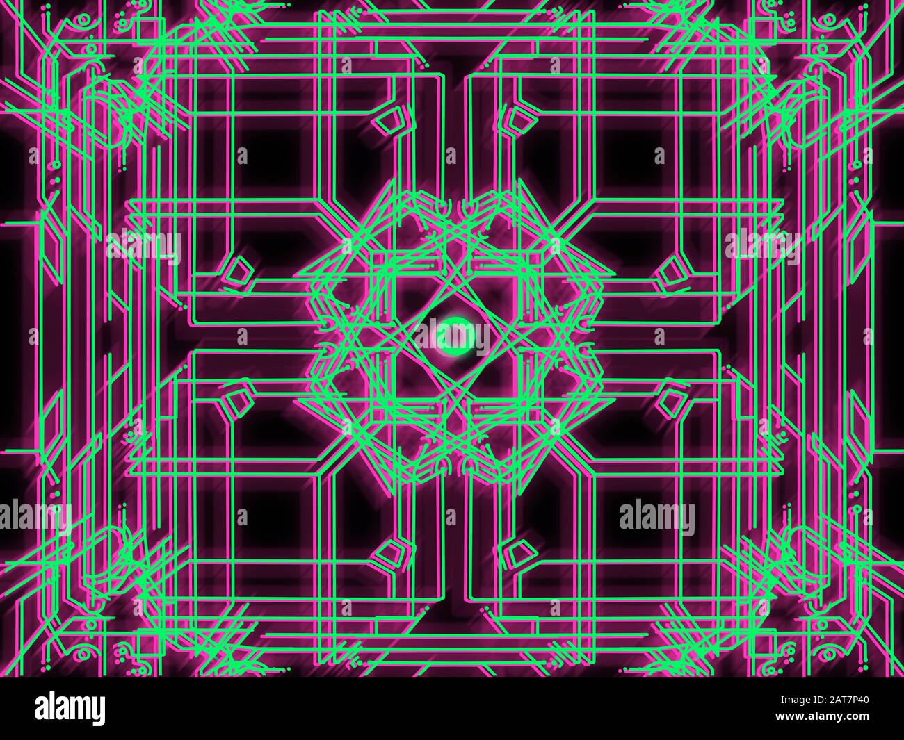 Stereoscopic neon patterns on a black background. Bifurcation effect ...