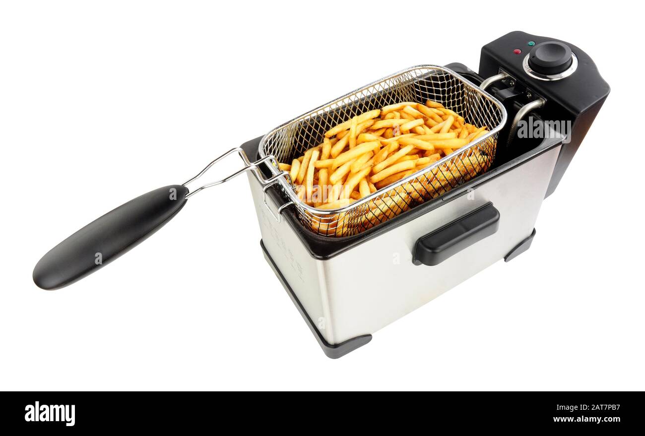 Electric oil fryer appliance frying French fries isolated on a white ...
