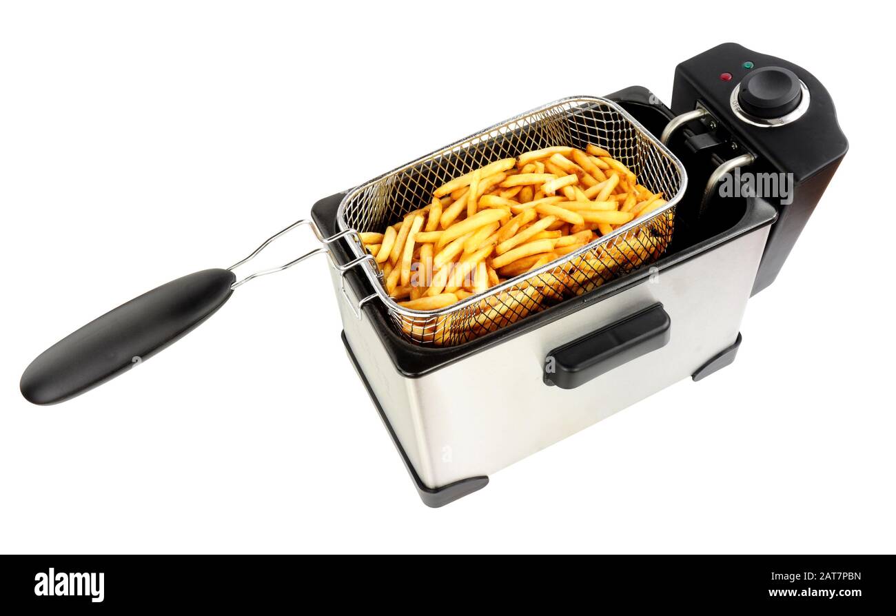 Electric oil fryer appliance frying French fries isolated on a white ...