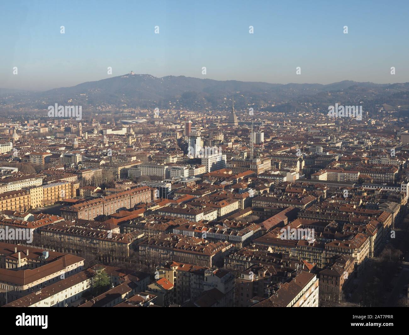 Aerial view of the city of Turin, Italy with Piazza Castello square ...