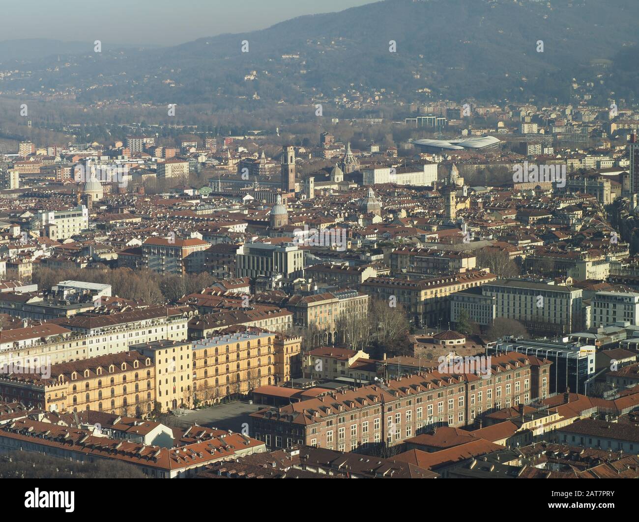 Aerial view of the city of Turin, Italy with Piazza Castello square ...