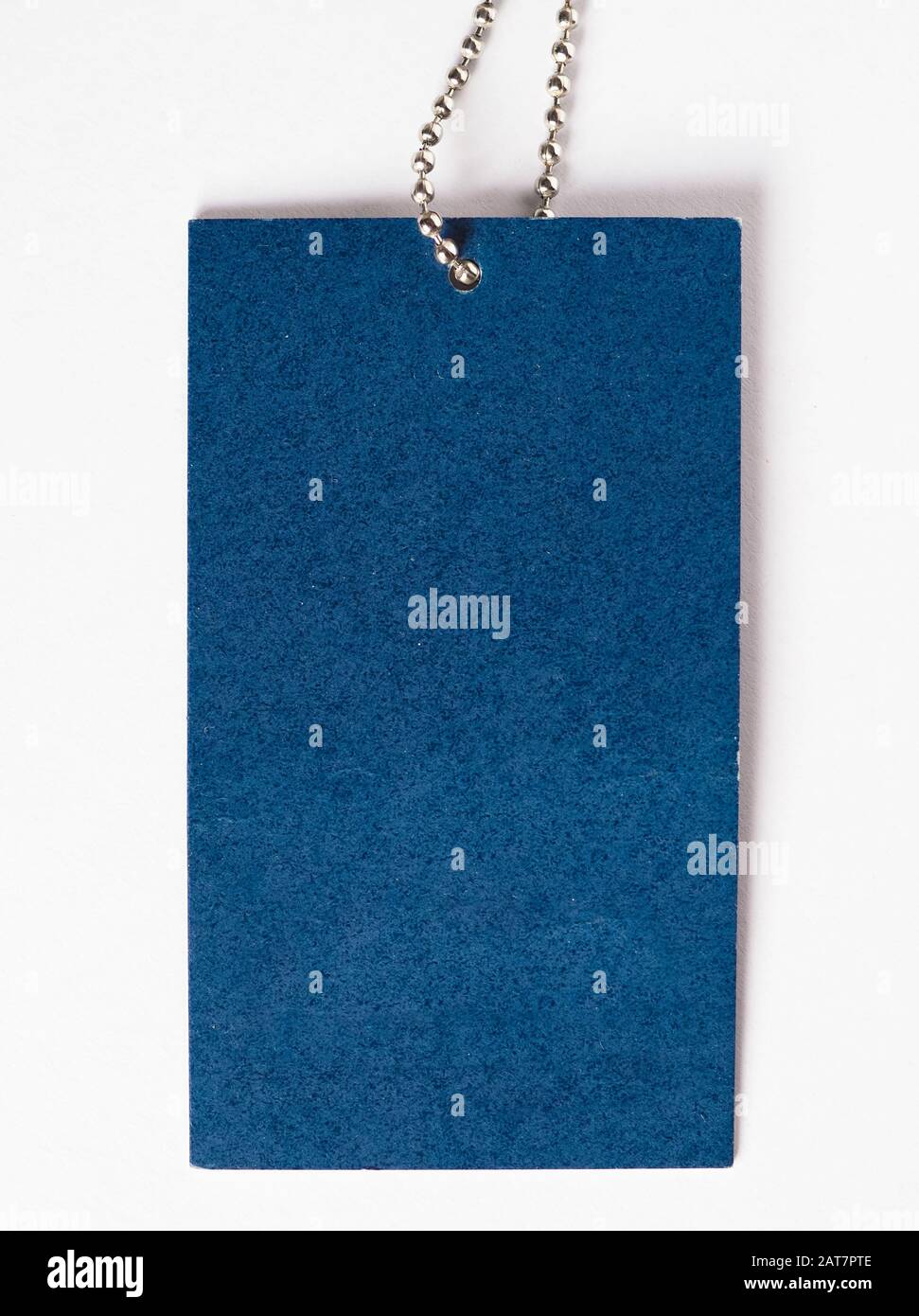 blank blue price tag label with metal chain Stock Photo - Alamy