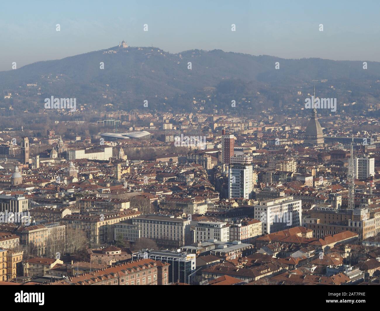 Aerial view of the city of Turin, Italy with Piazza Castello square ...