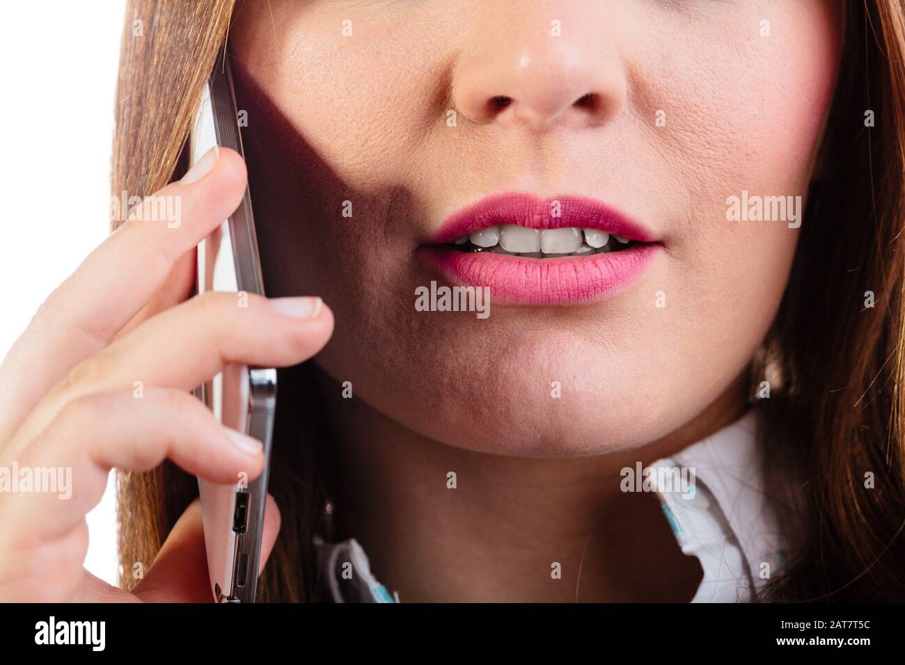 Emotions and communication message. Young stressed woman talk make a ...