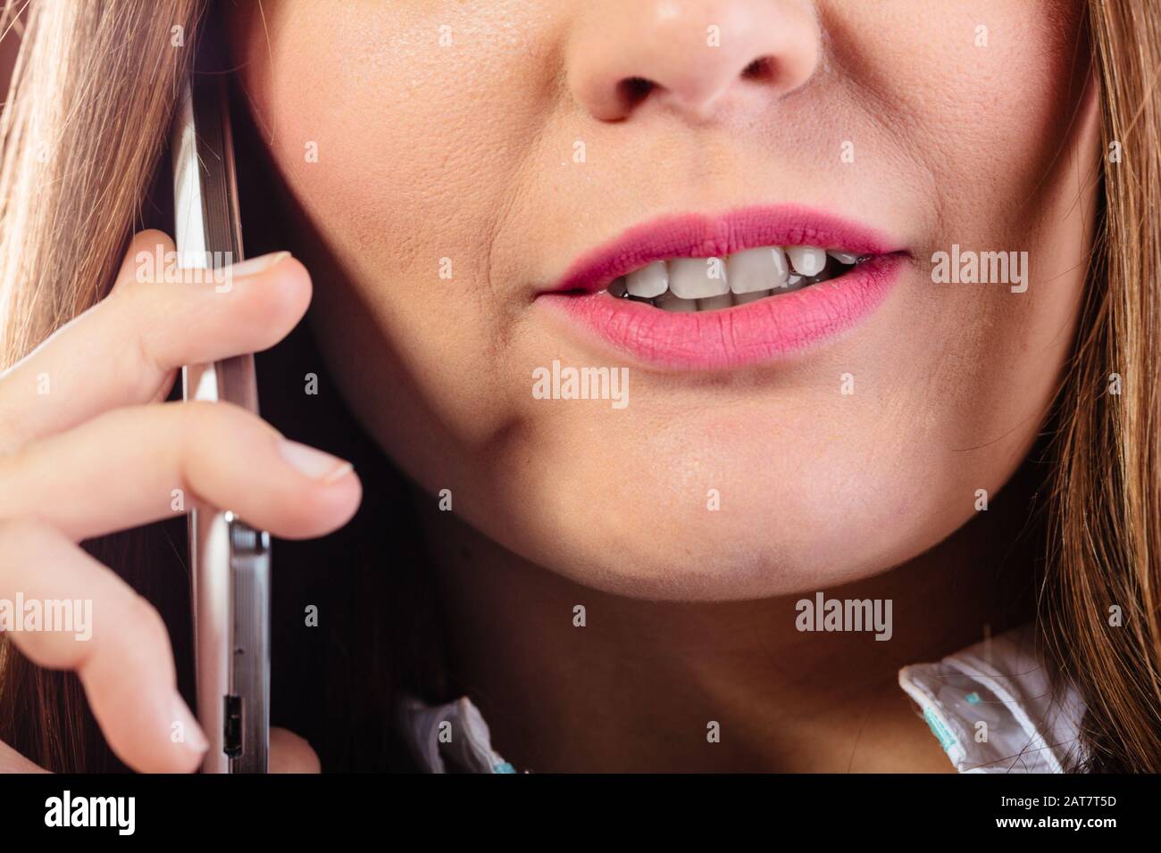 Emotions communication and message technology. Young happy woman talk ...