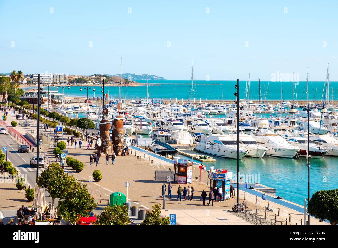 CAMBRILS, SPAIN - JANUARY 26, 2020: Aerial view over the port and the ...