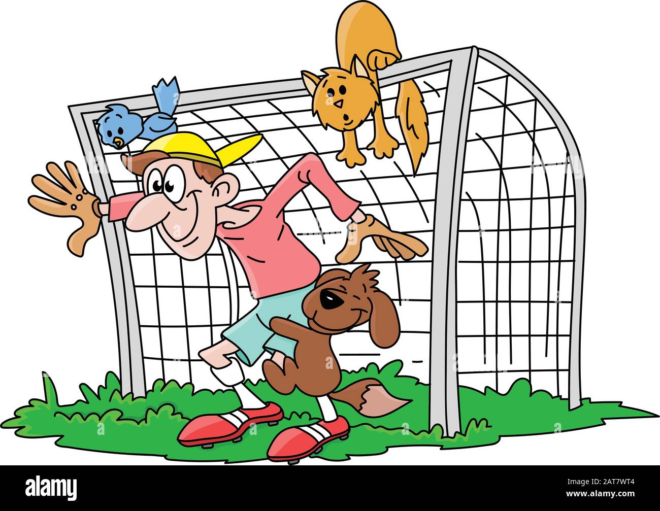 Excited cartoon goalkeeper waiting the shot with his pet friends vector ...