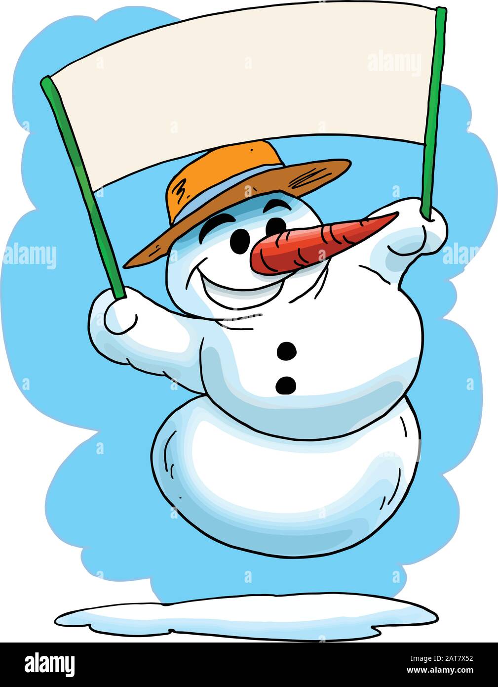 Cartoon snowman holding a blank banner in his hands vector illustration ...
