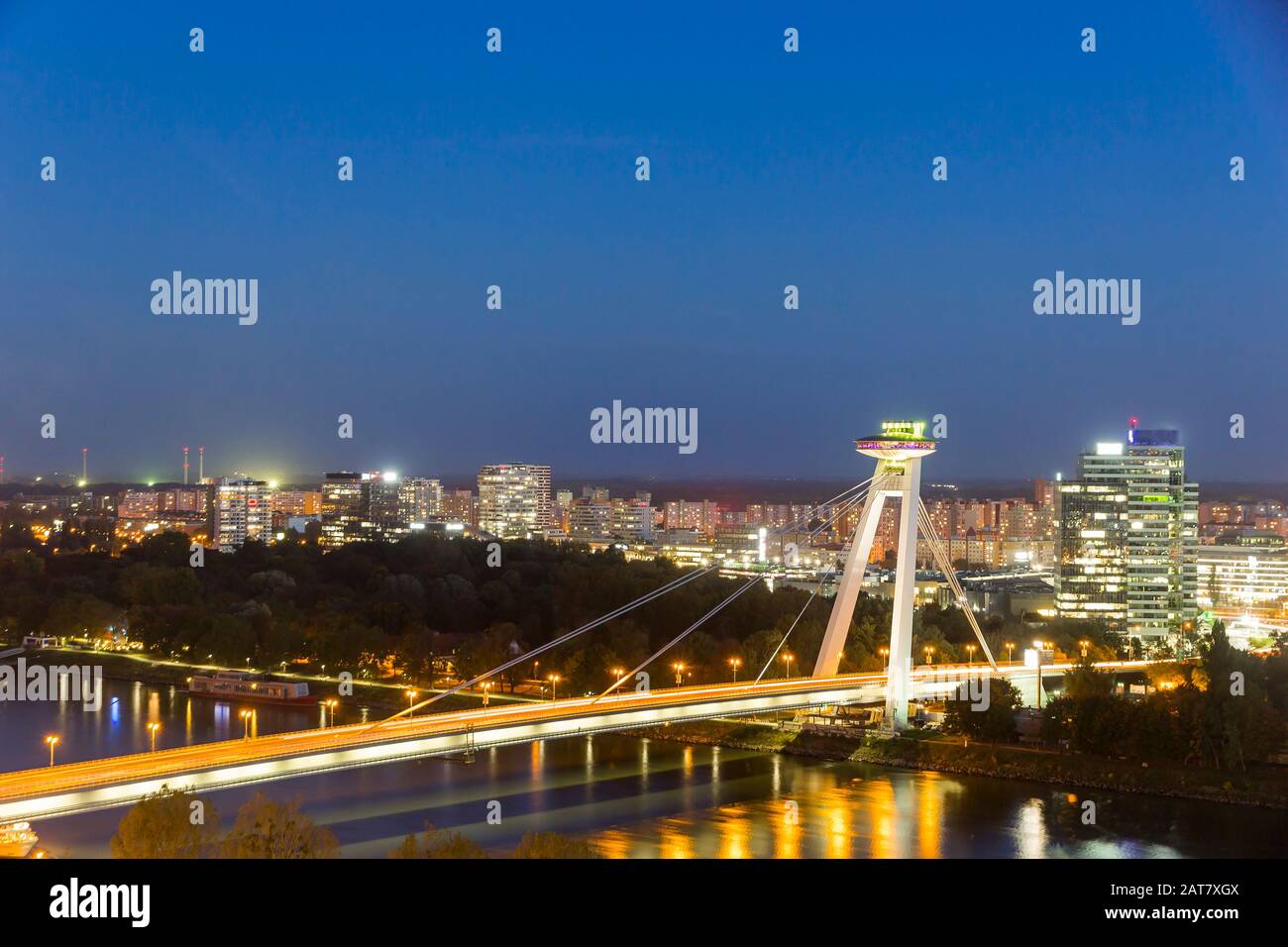 Aerial view of Danube river and SNP bridge (also known as New Bridge ...
