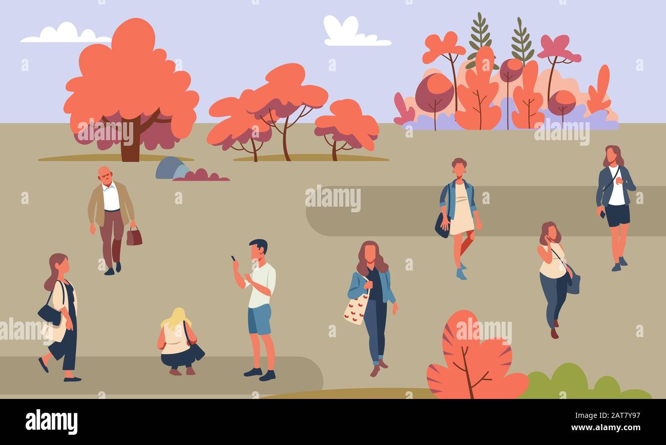 People are relaxing outdoors in the autumn-colored parks. Flat design ...