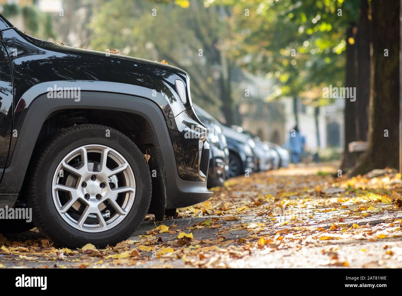 Modern cars parked on city street side in residential discrict. Shiny ...