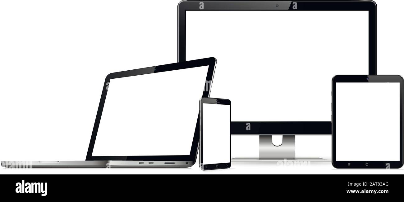 Set of blank screens with computer monitor, laptop, tablet, and ...