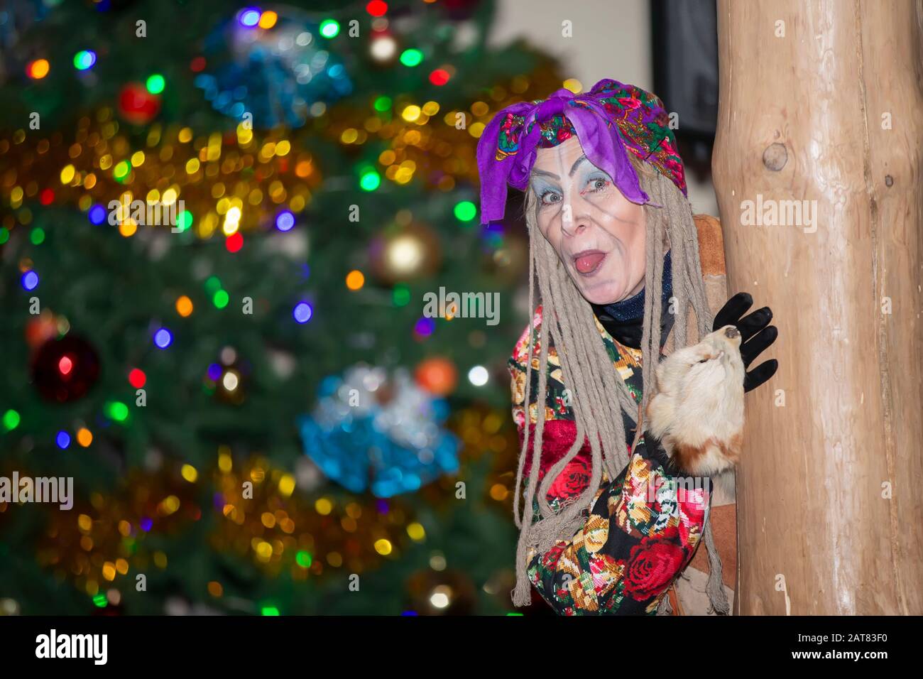 Baba Yaga on the background of the Christmas tree Stock Photo - Alamy