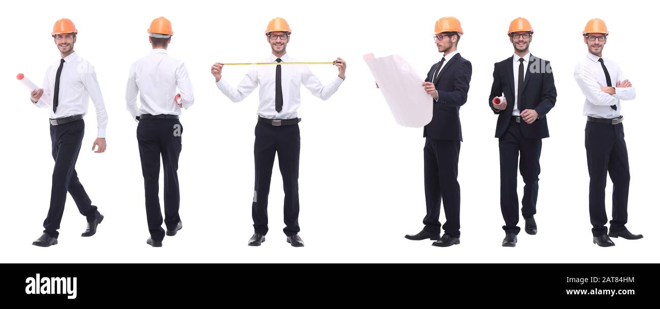 panoramic photo collage of qualified architect isolated on white Stock ...