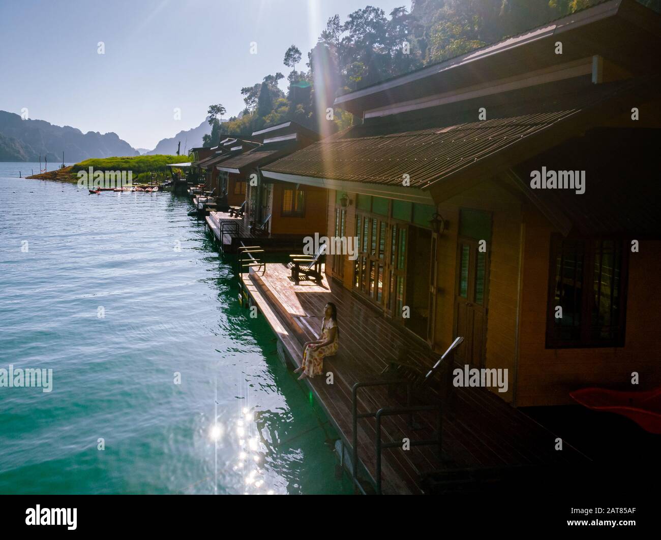 floating bungalows at Khao Sok Thailand, drone view at the lake with ...