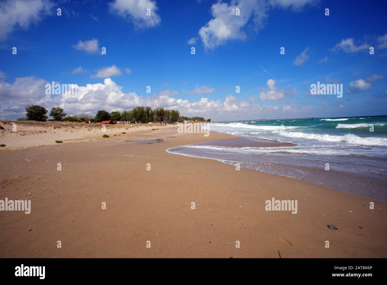 Empty sea beach. There are no steps in the sand. It's autumn. Only the ...