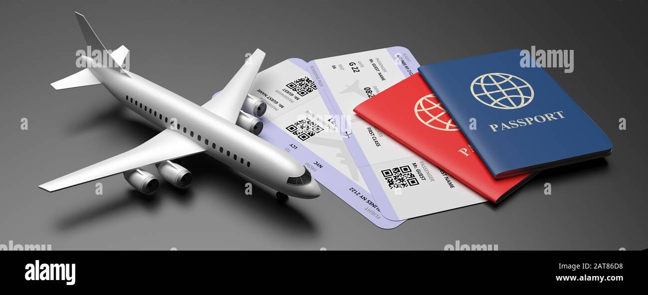 Flight and travel documents, plane tickets and passports for business ...