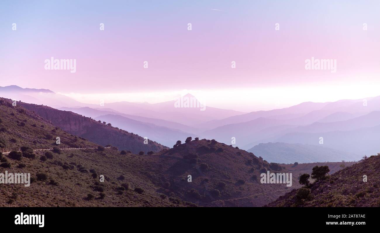Purple Foggy Mountains sunrise Nature Backgrounds Andalusia Spain Stock ...