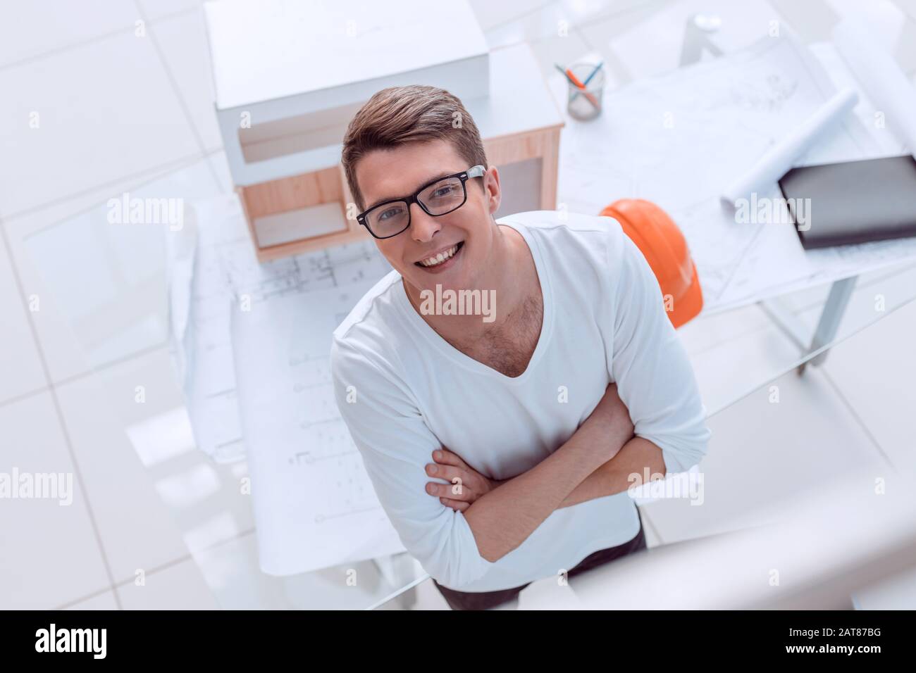 top view. creative young man standing in design Studio Stock Photo - Alamy